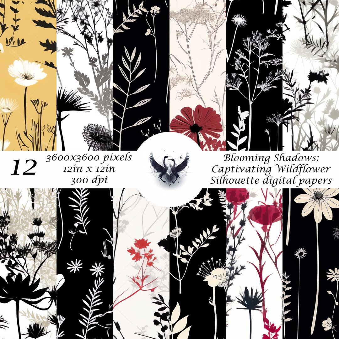 Blooming Shadows: Captivating Wildflower Silhouette Digital Paper Set ...