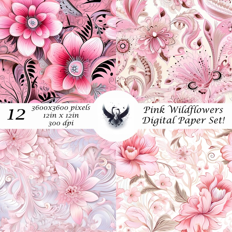 Conjunto de papel digital de flores silvestres rosas - Etsy México