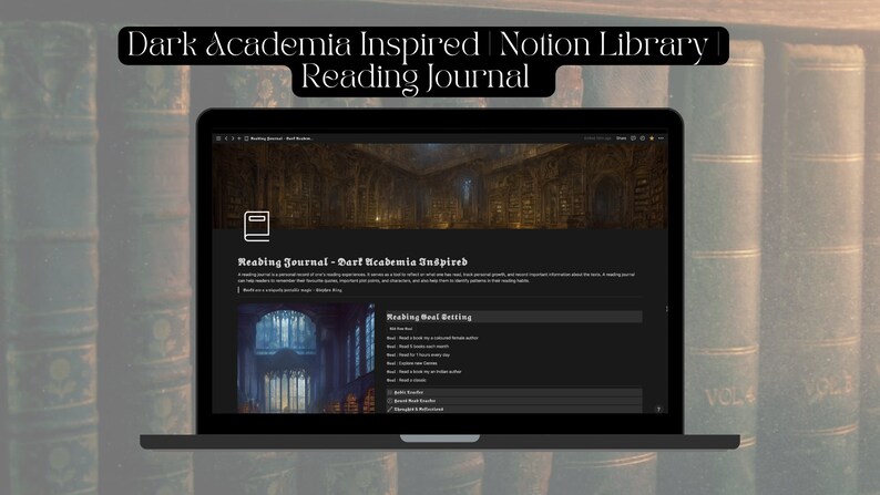 Dark Academia Inspired Reading Journal Notion Library Digital Reading ...