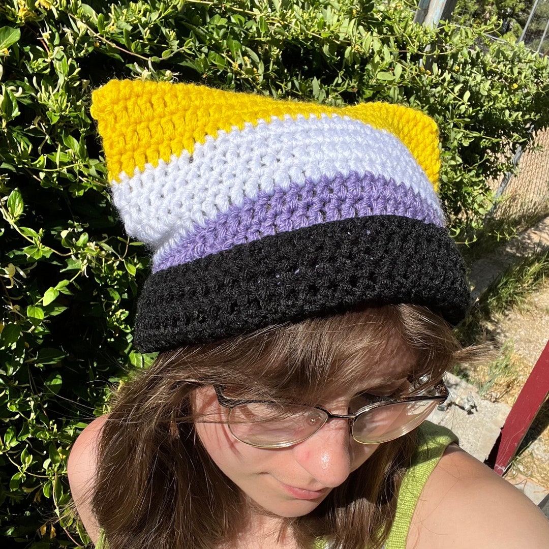 Crochet Nonbinary Pride Flag Cat Ear Beanie, Kitty Beanie, Cat Beanie, Lgbtqia Made to Order - Etsy
