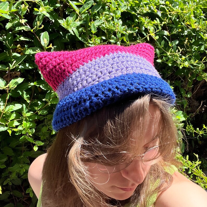 Crochet Bisexual Pride Flag Cat Ear Beanie, Kitty Beanie, Cat Beanie ...