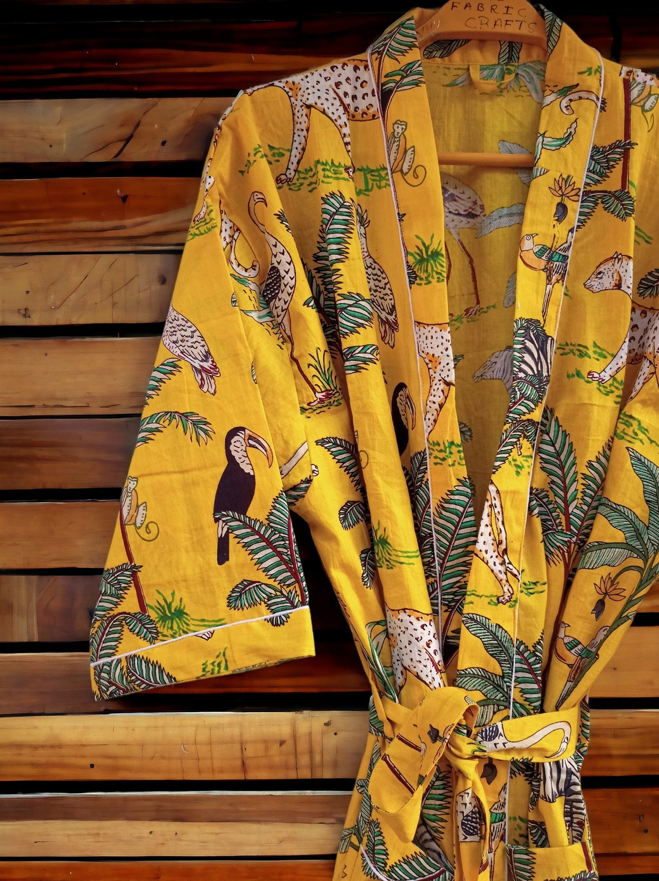 Indian Jungle Safari Block Print Cotton Kimono Robe Dressing Gown ...