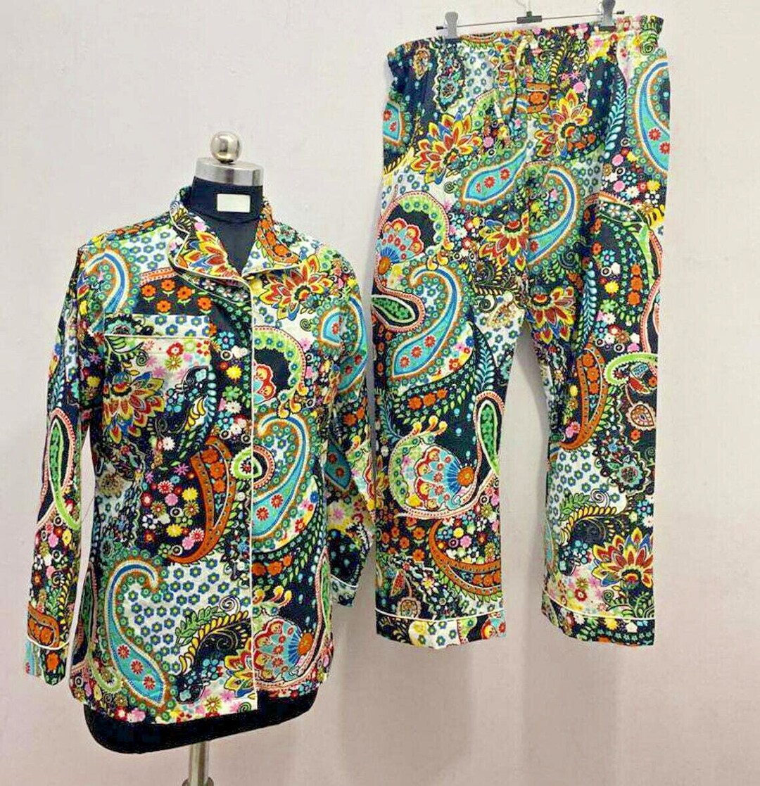 Black Paisley Pyjama Set Cotton Soft Long Sleeve Pjs Women Pajamas ...