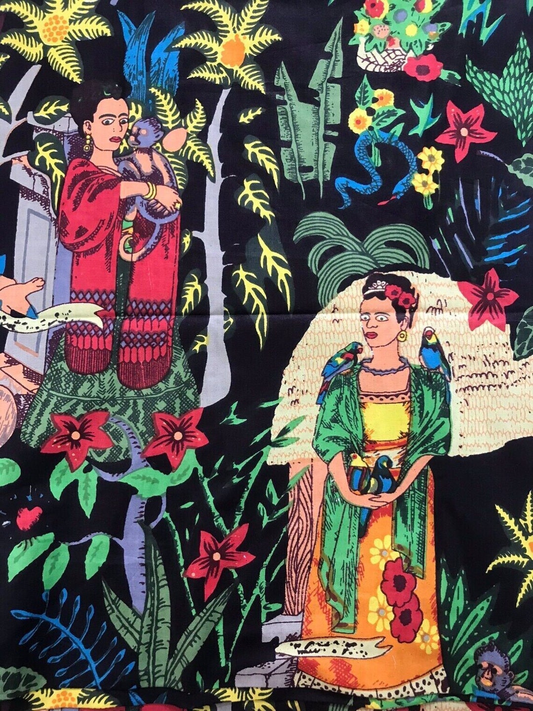 Black Cotton Fabric by Yards Floral Upholstery Cloth Vintage Frida ...