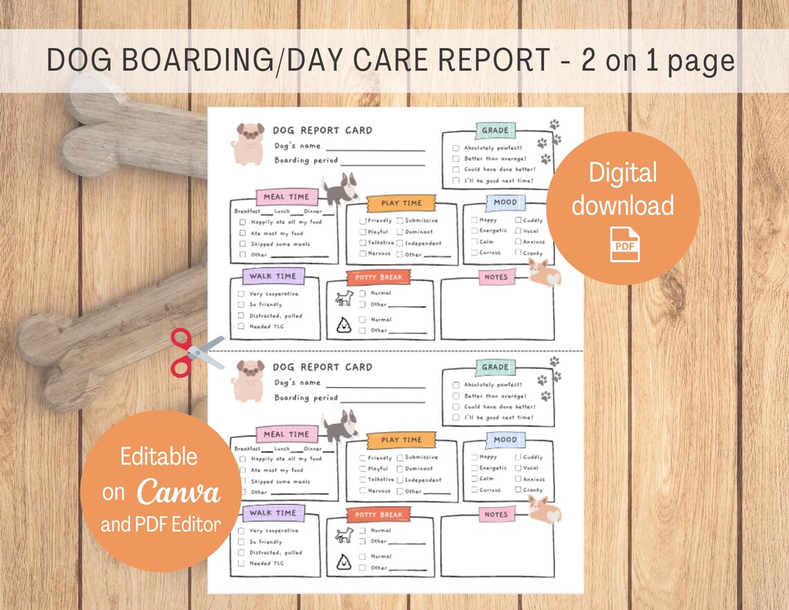 Dog Boarding Report Card, Pet Sitter Template (printable, Editable, US ...