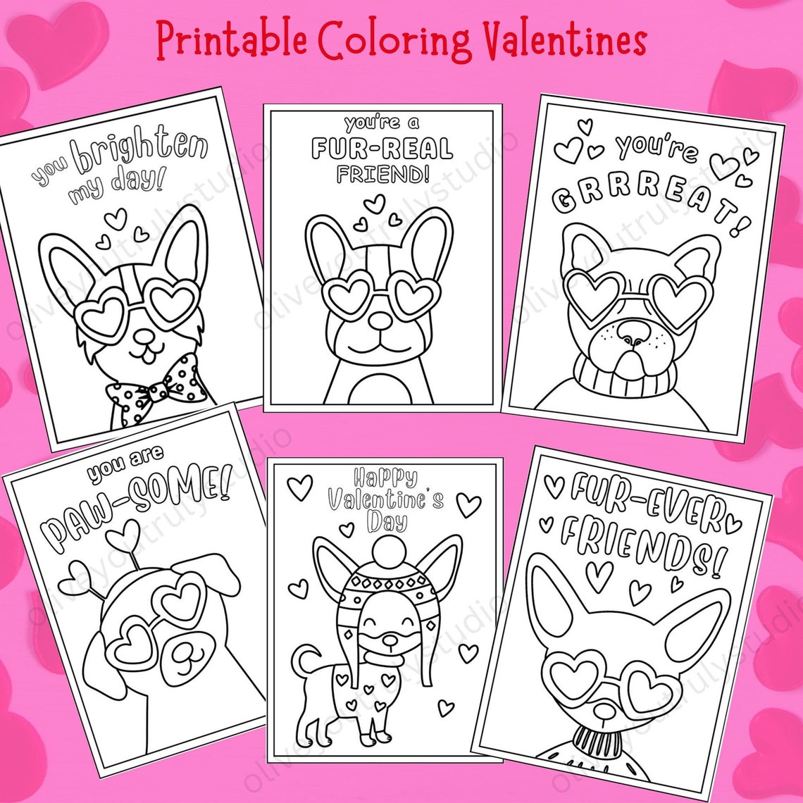Coloring Valentine's Day Cards, Printable Classroom Cards for Kids, Dog ...