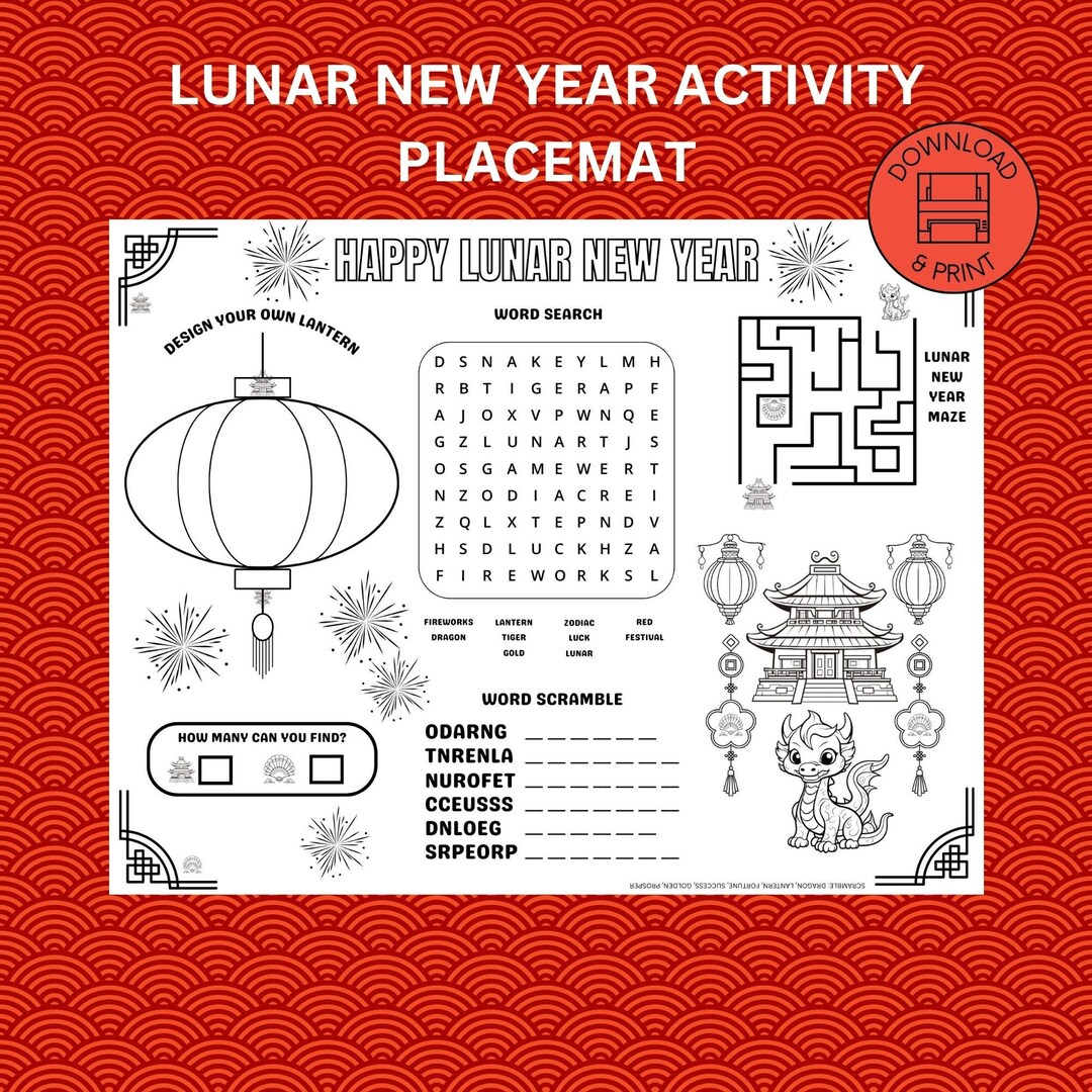 Lunar New Year Activity Coloring Page, Printable Placemat, Year of the ...