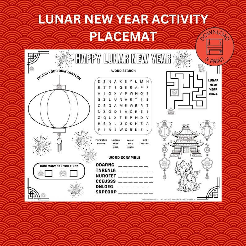 Lunar New Year Activity Coloring Page, Printable Placemat, Year of the ...