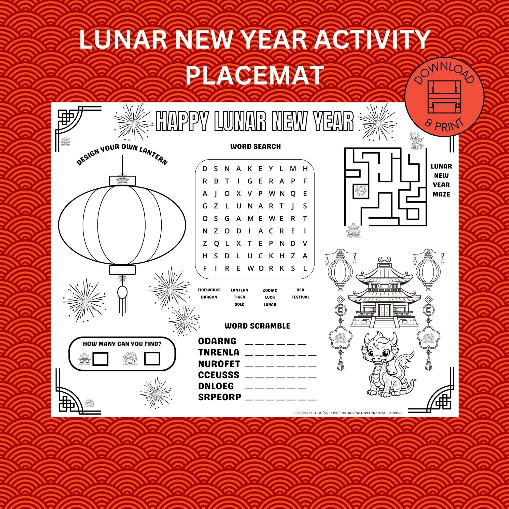 Lunar New Year Activity Coloring Page, Printable Placemat, Year of the ...