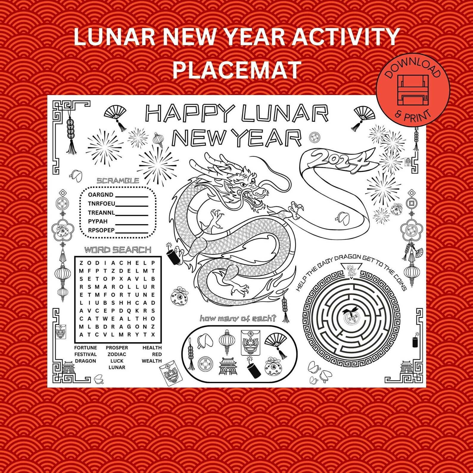 Lunar New Year Activity Coloring Page, Printable Placemat, Year of the ...