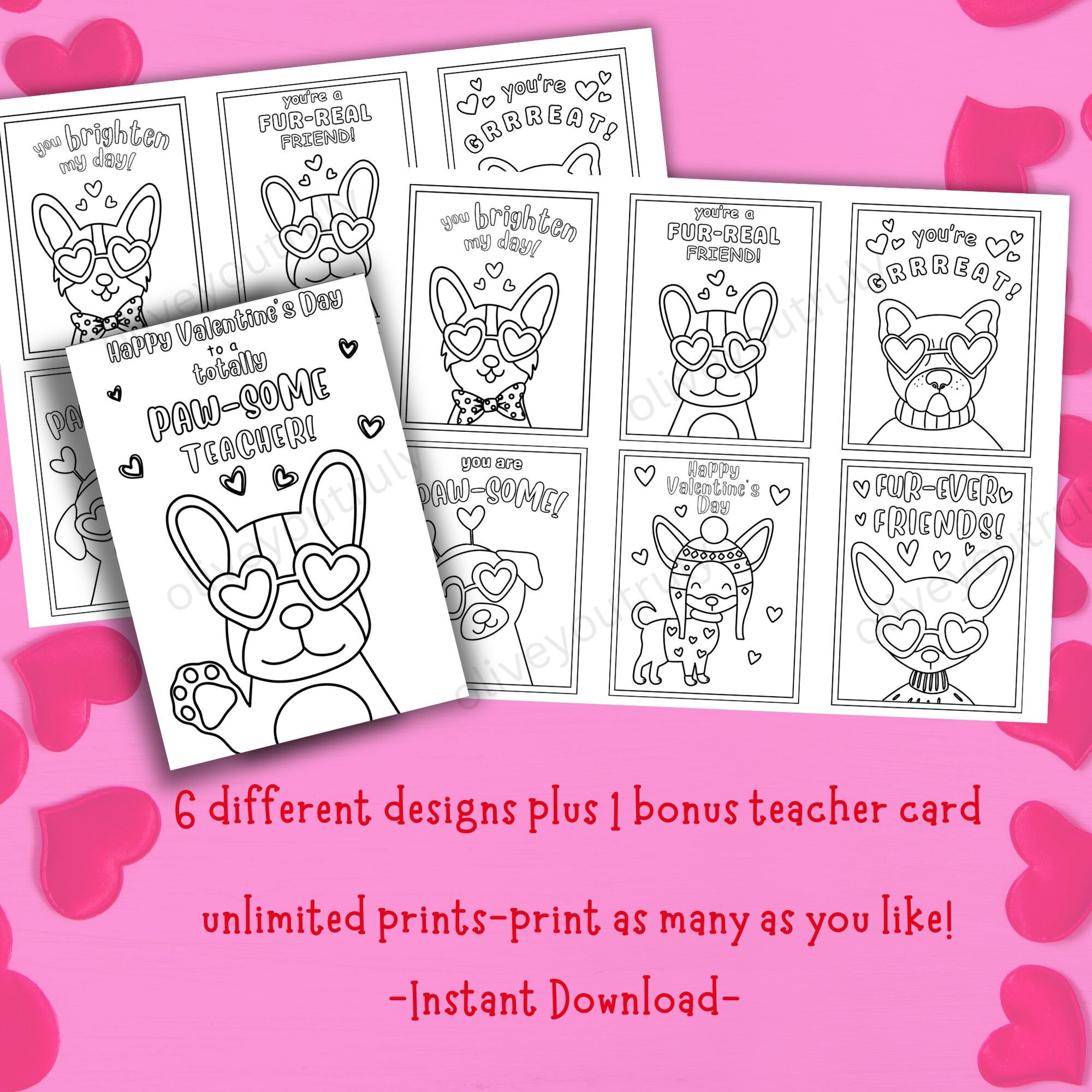 Coloring Valentine's Day Cards, Printable Classroom Cards for Kids, Dog ...