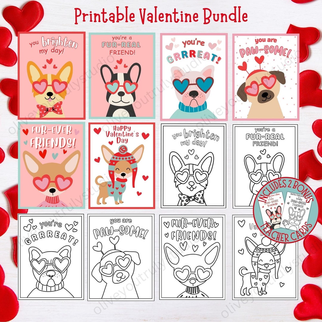Printable Dog Valentine's Day Cards, Coloring Bundle, Classroom Cards ...
