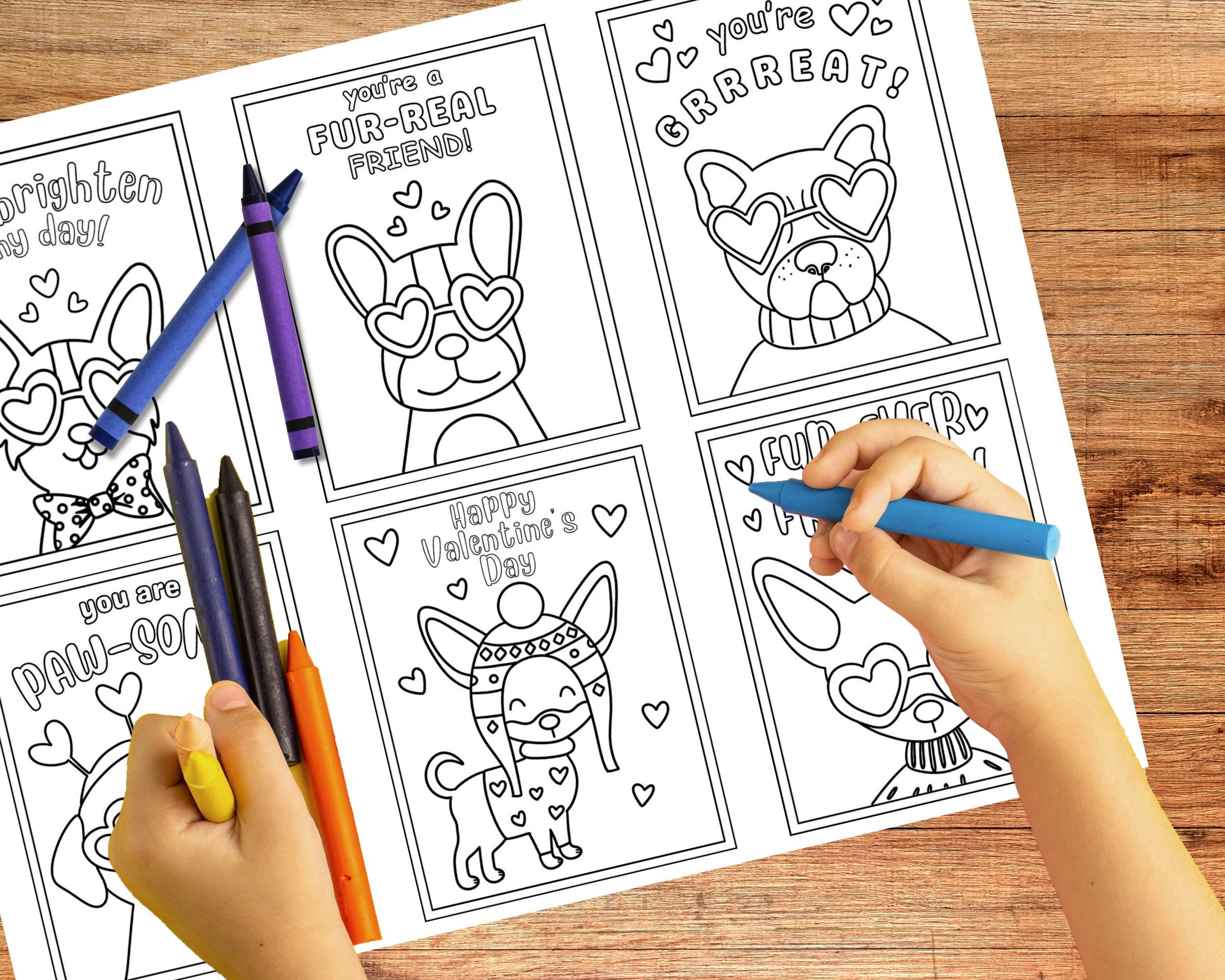 Coloring Valentine's Day Cards, Printable Classroom Cards for Kids, Dog ...