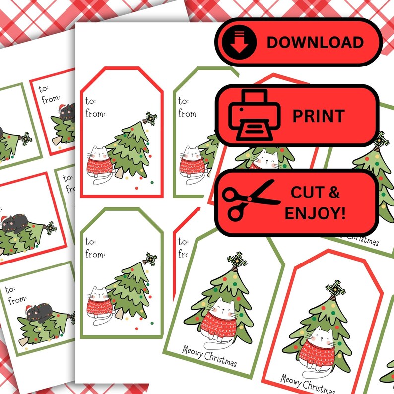 Instant Download Christmas Tags, Meowy Christmas Party Favor, Holiday ...