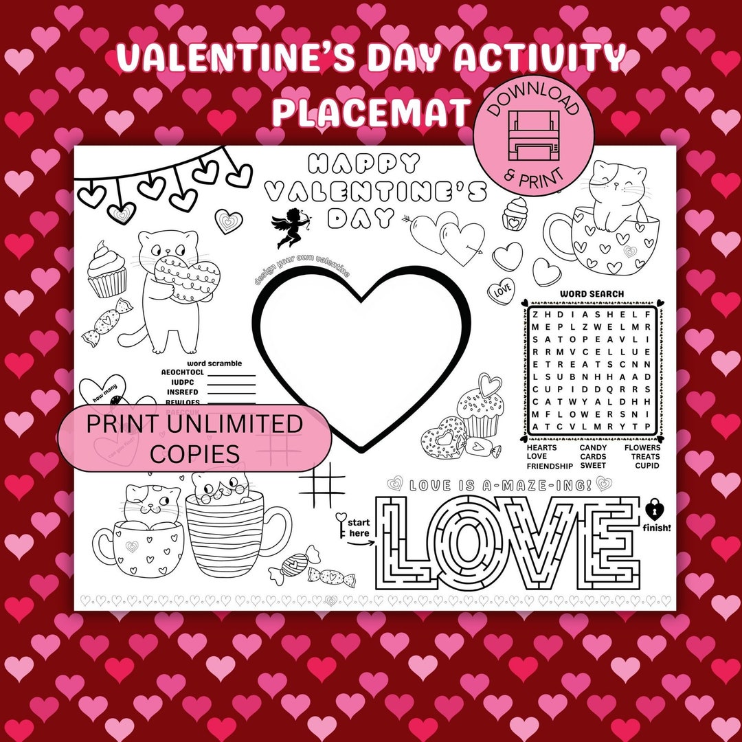 Valentine Cats Activity Coloring Page, Printable Placemat, Fun Kid ...