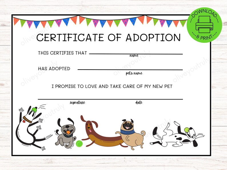 Pet Adoption Certificate New Puppy Certificate Puppy Party - Etsy
