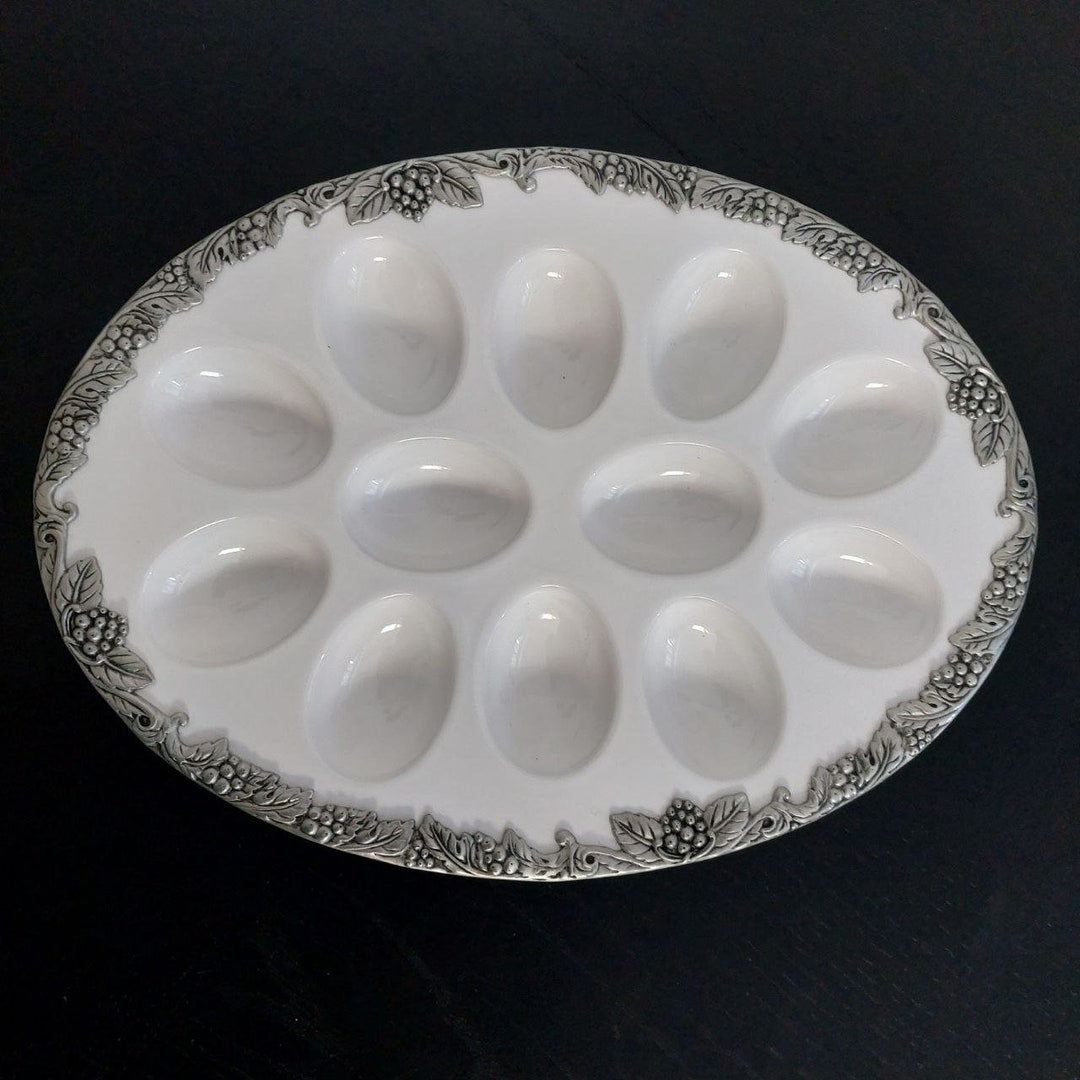RARE Arthur Court Earthen Metalware Deviled Egg Plate, Pewter Trimmed Ceramic Egg Tray, Easter ...