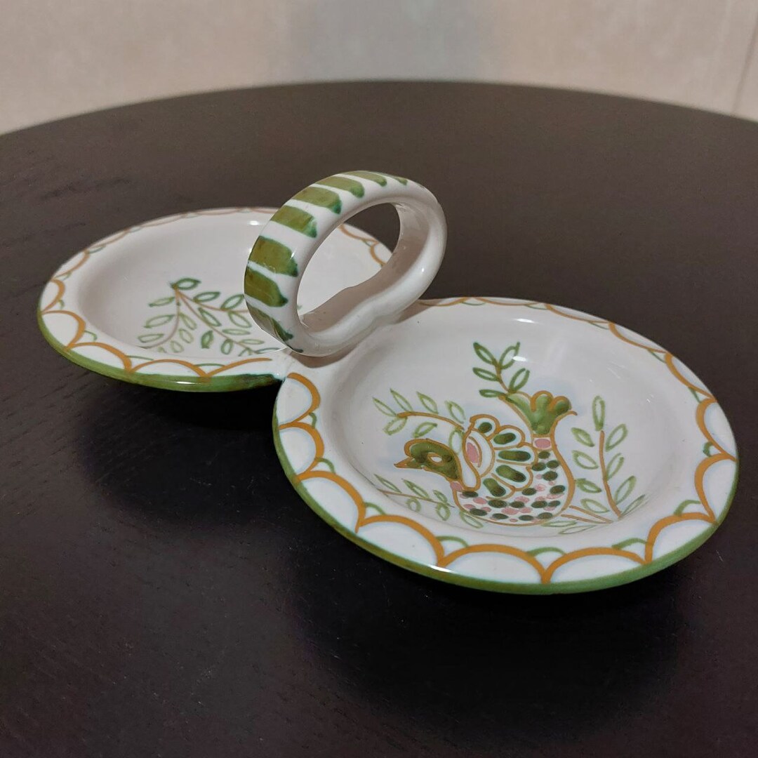 Vintage Divided Dish Handled Clay Pottery Bird Brown Green - Etsy