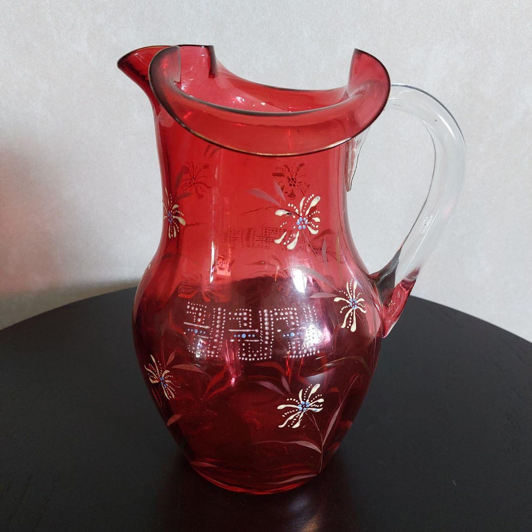 Antique Victorian Cranberry Glass Pitcher, Hand Painted & Blown Ruby ...