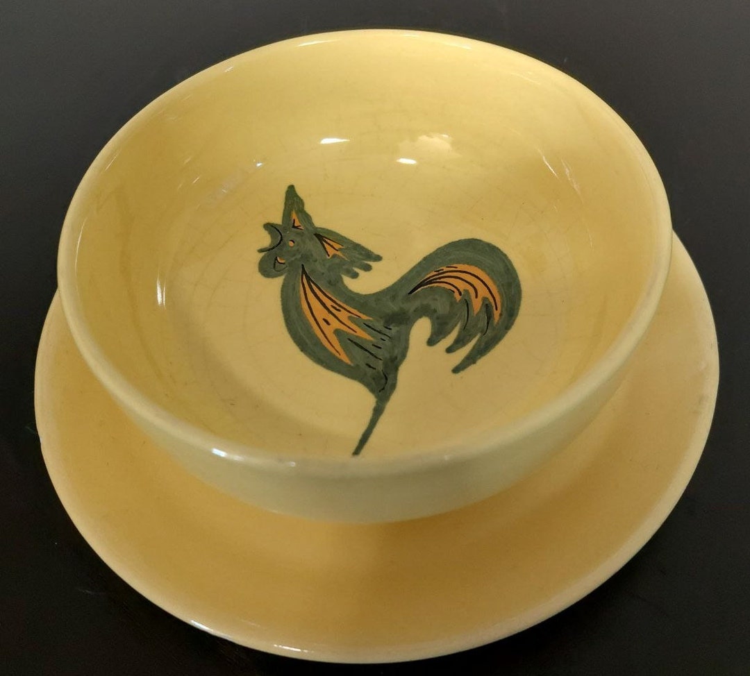 Vintage Henriot Quimper Bowl and Plate Set: Yellow With Green Rooster ...