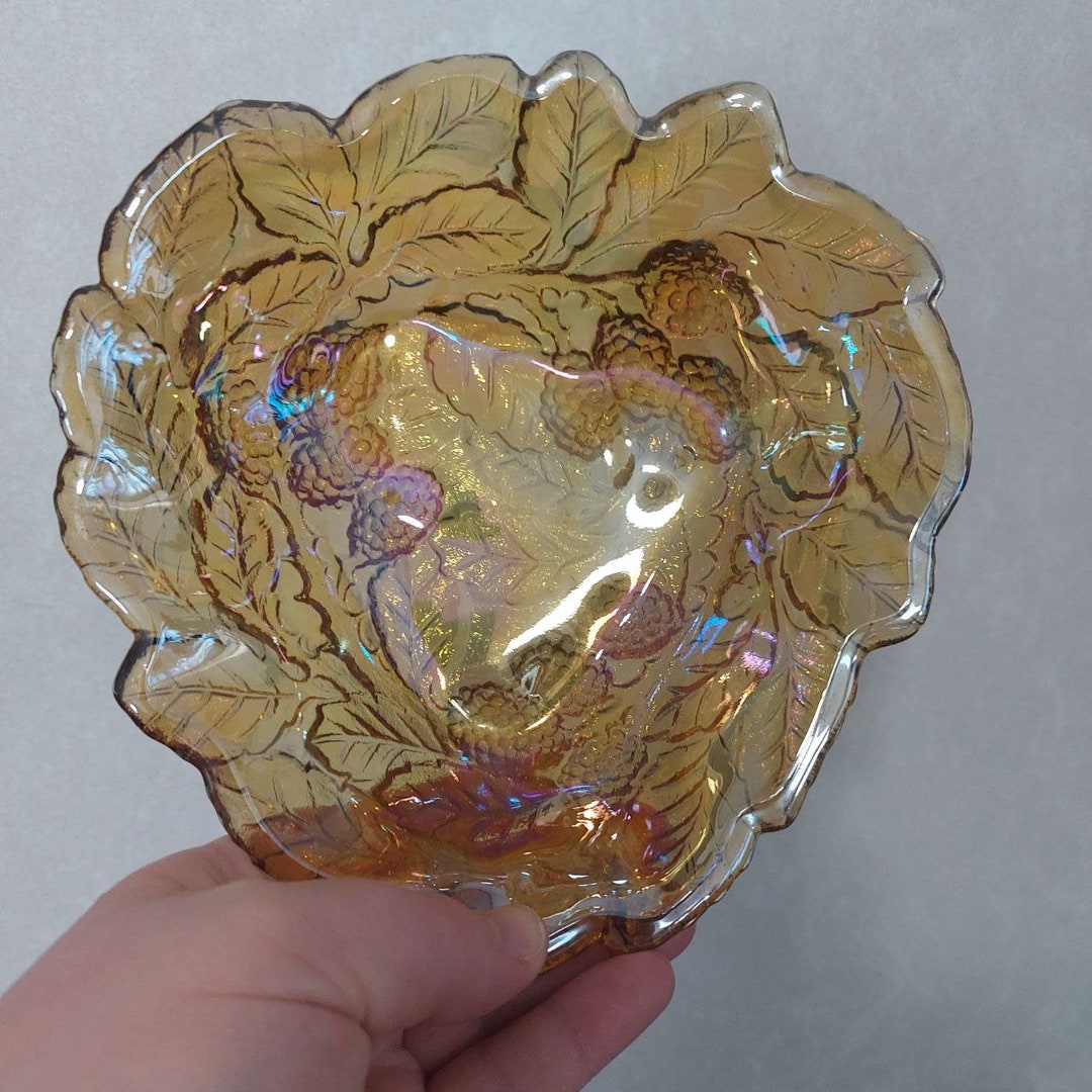 Vintage Indiana Carnival Glass Candy Dish Loganberry Leaves Amber ...