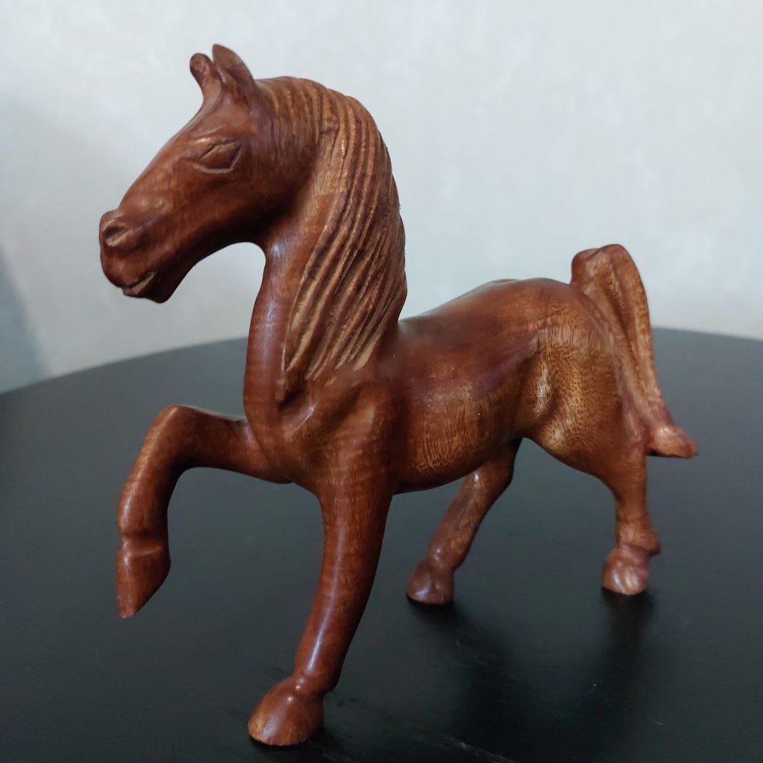 Hand Carved Teak Wood Stallion, Wooden Pawing Horse Figurine Statue - Etsy