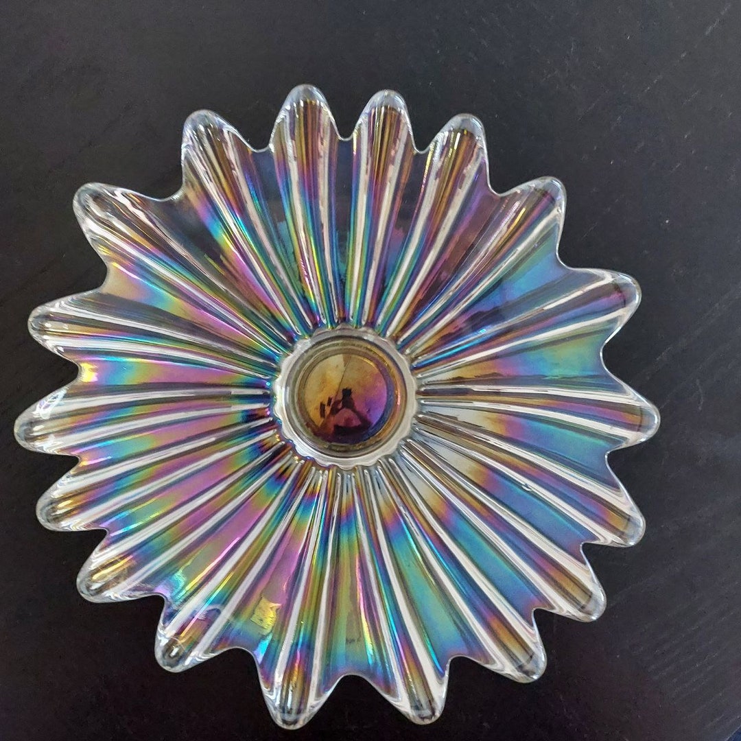 Vintage Fostoria Celestial Glass Dish Iridescent Flower 11.5" Carnival ...