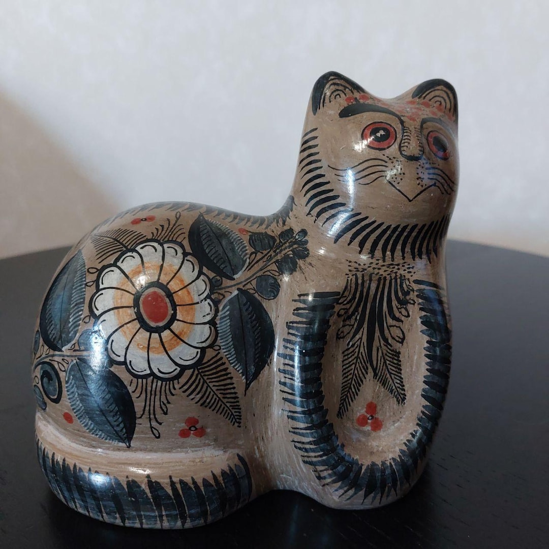 Tonala Mexico Pottery Cat Figurine, Mexican Folk Art Kitty Pottery ...