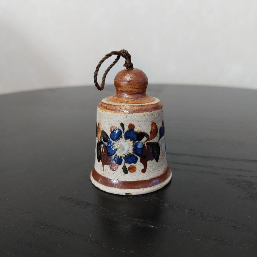Vintage Mexican Sandstone Bell Ornament Handmade Blue Flower - Etsy