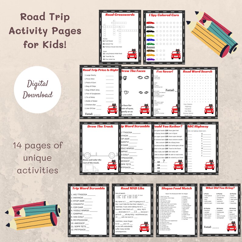 Printable Road Trip Activities for Kids Car Ride Games Travel Pages ...