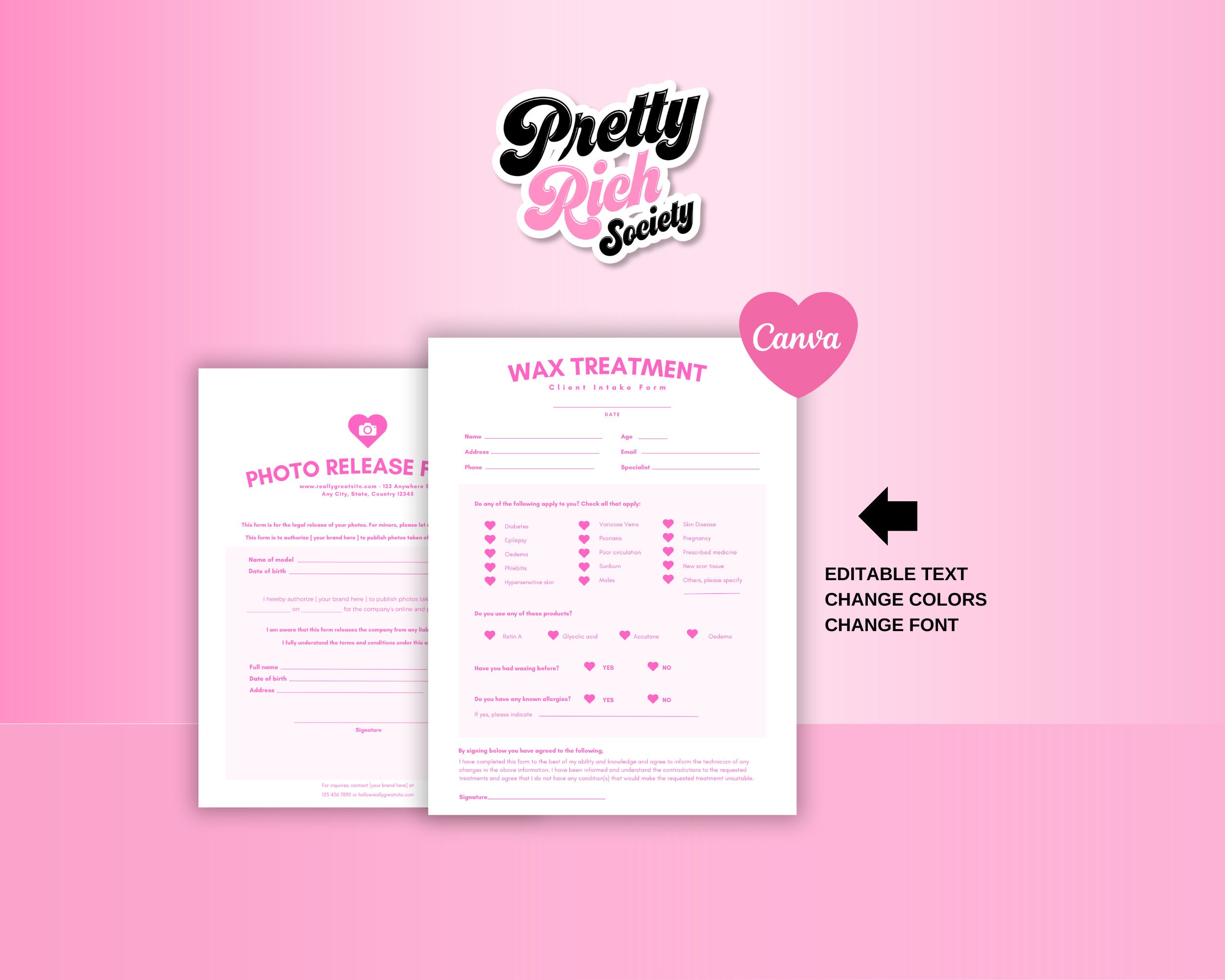 Wax Client Intake Form, Waxing Treatment Form Bundle,esthetician Forms ...