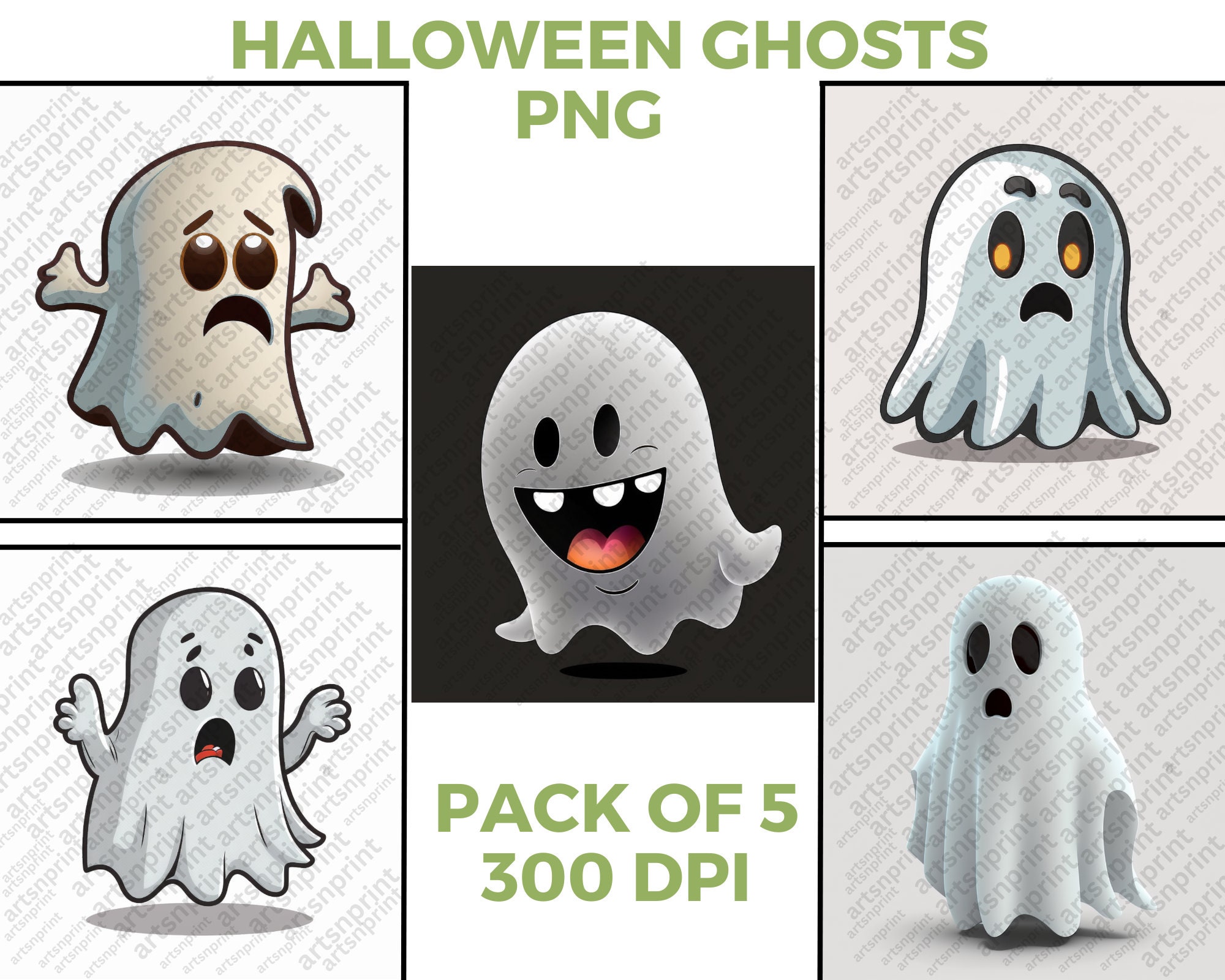 Ghost Clipart PNG 5 Pack 300 Dpi Cartoon Spooky Ghosts Clip Art Images ...