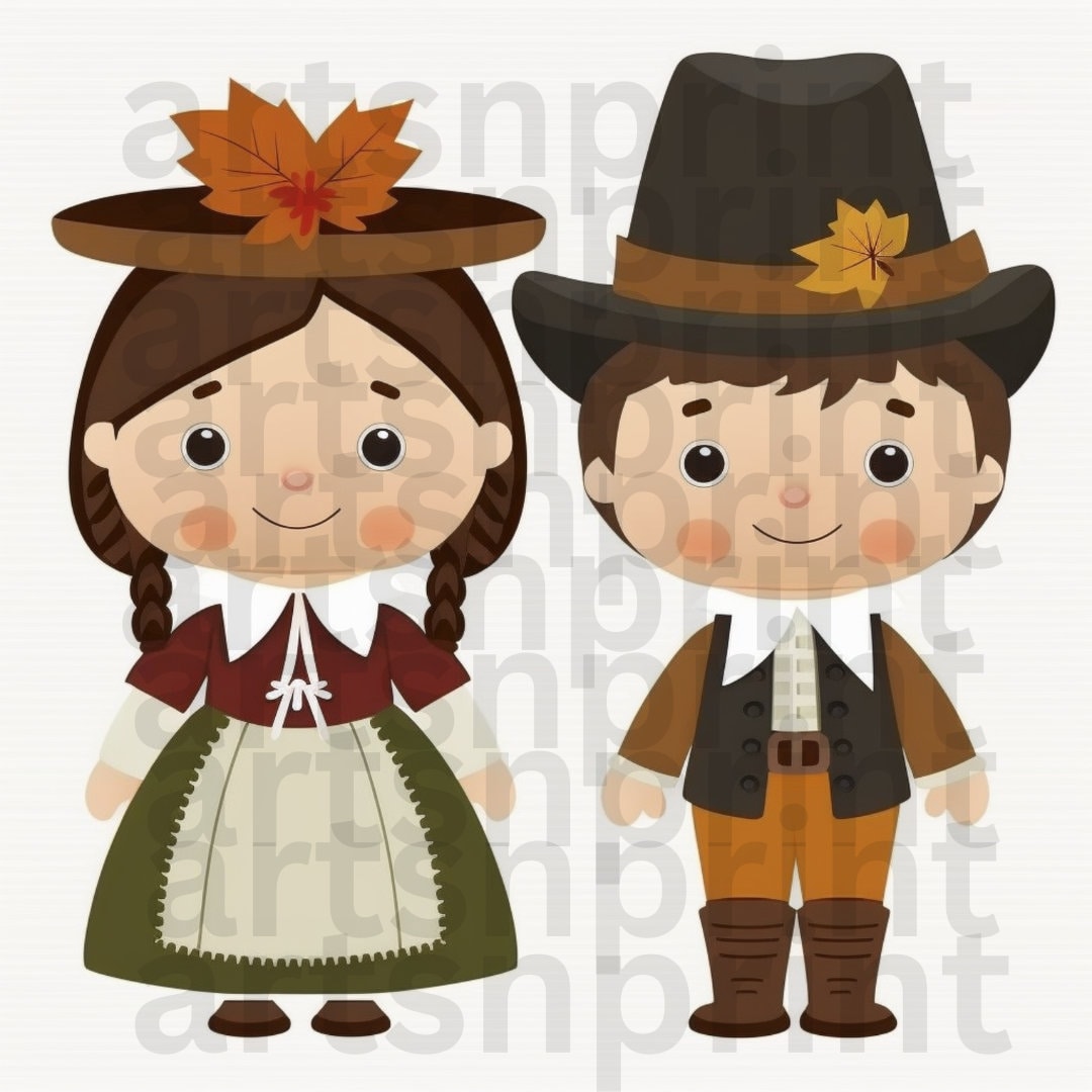 Thanksgiving Pilgrim Kids Clipart PNG 5 Pack 300 Dpi Realistic Children ...