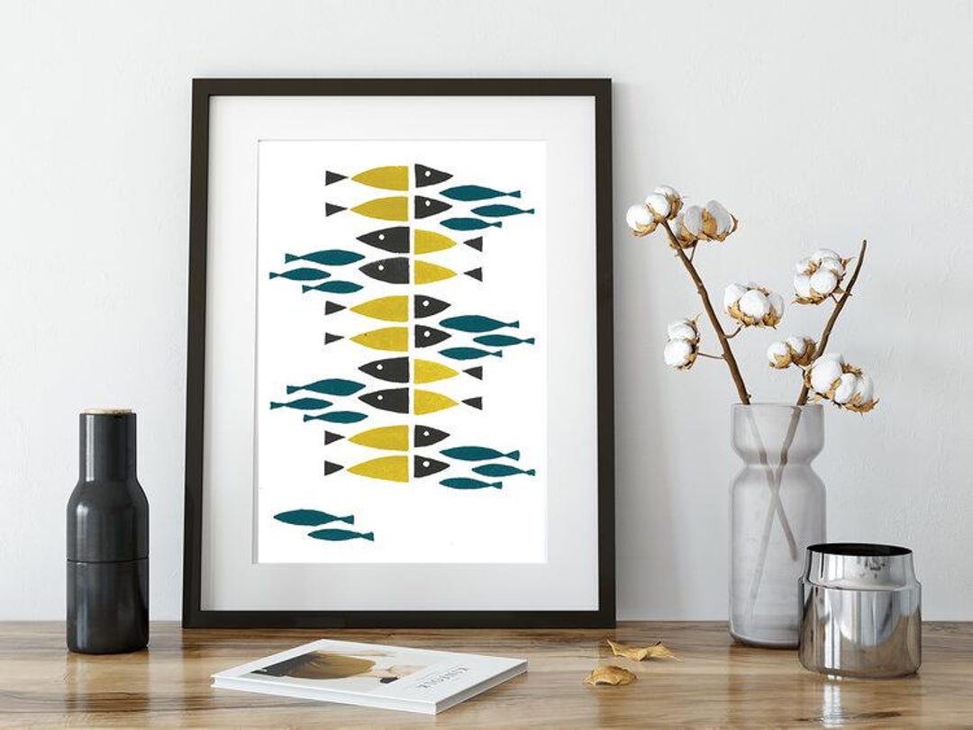 Mid-century Modern Fish Print | Mustard, Teal, Black Ocean Art - Etsy