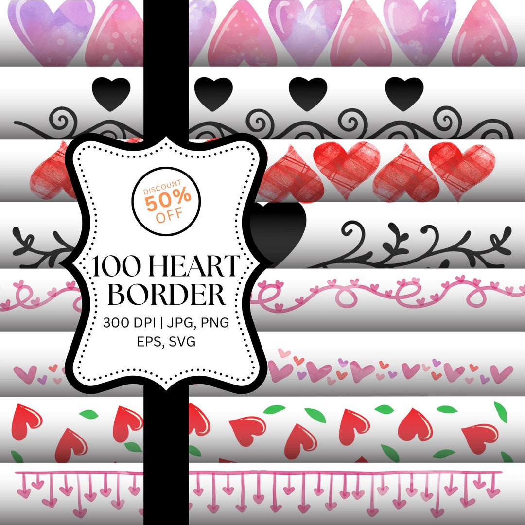 Digital Heart Borders Clipart, Valentine's Day Seamless Pattern, Love ...