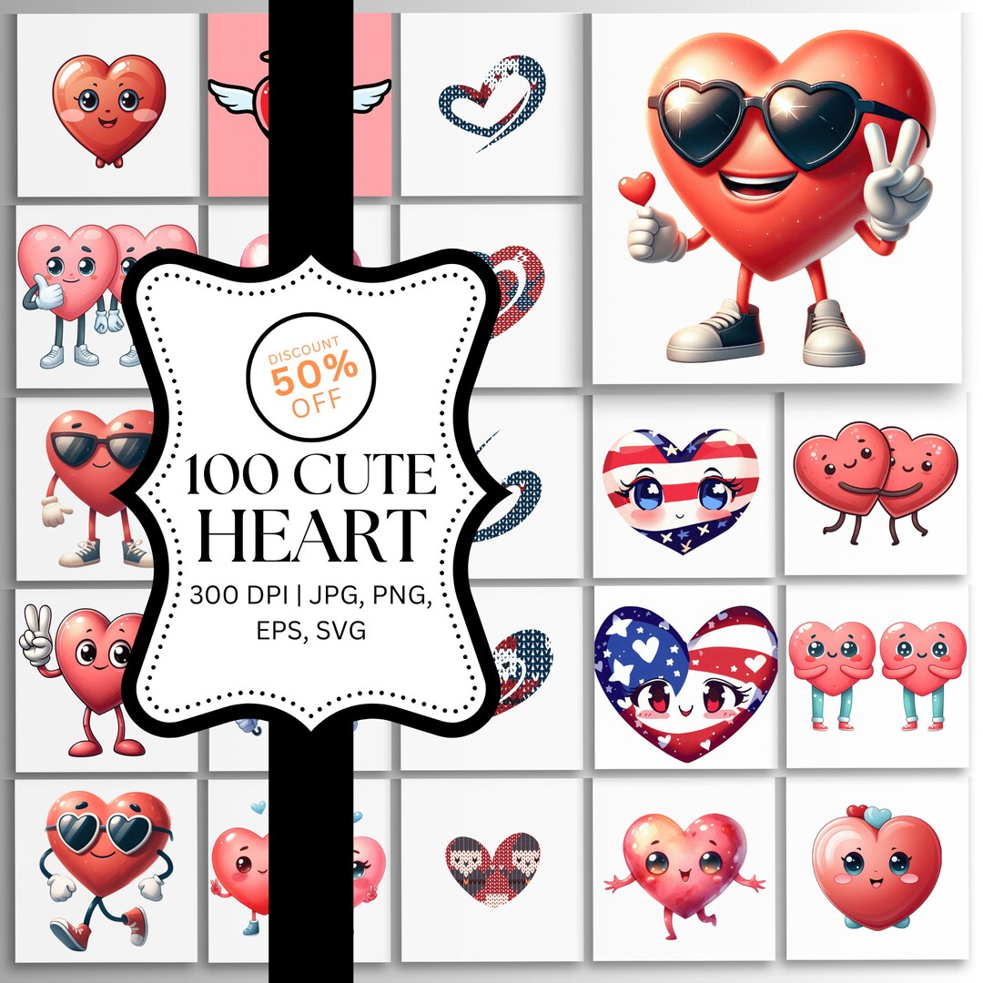 Cute Heart Clipart Bundle, Digital Download, Love Emojis, Valentines ...