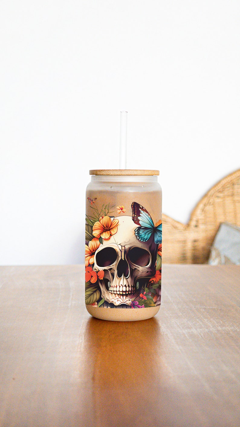 Skull Butterflies Libbey Glass Can Wrap PNG Floral Skull - Etsy