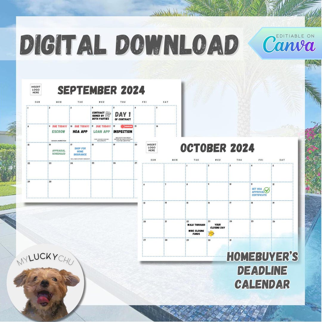 Simple Real Estate Agent Customizable Deadline Calendar, Closing ...