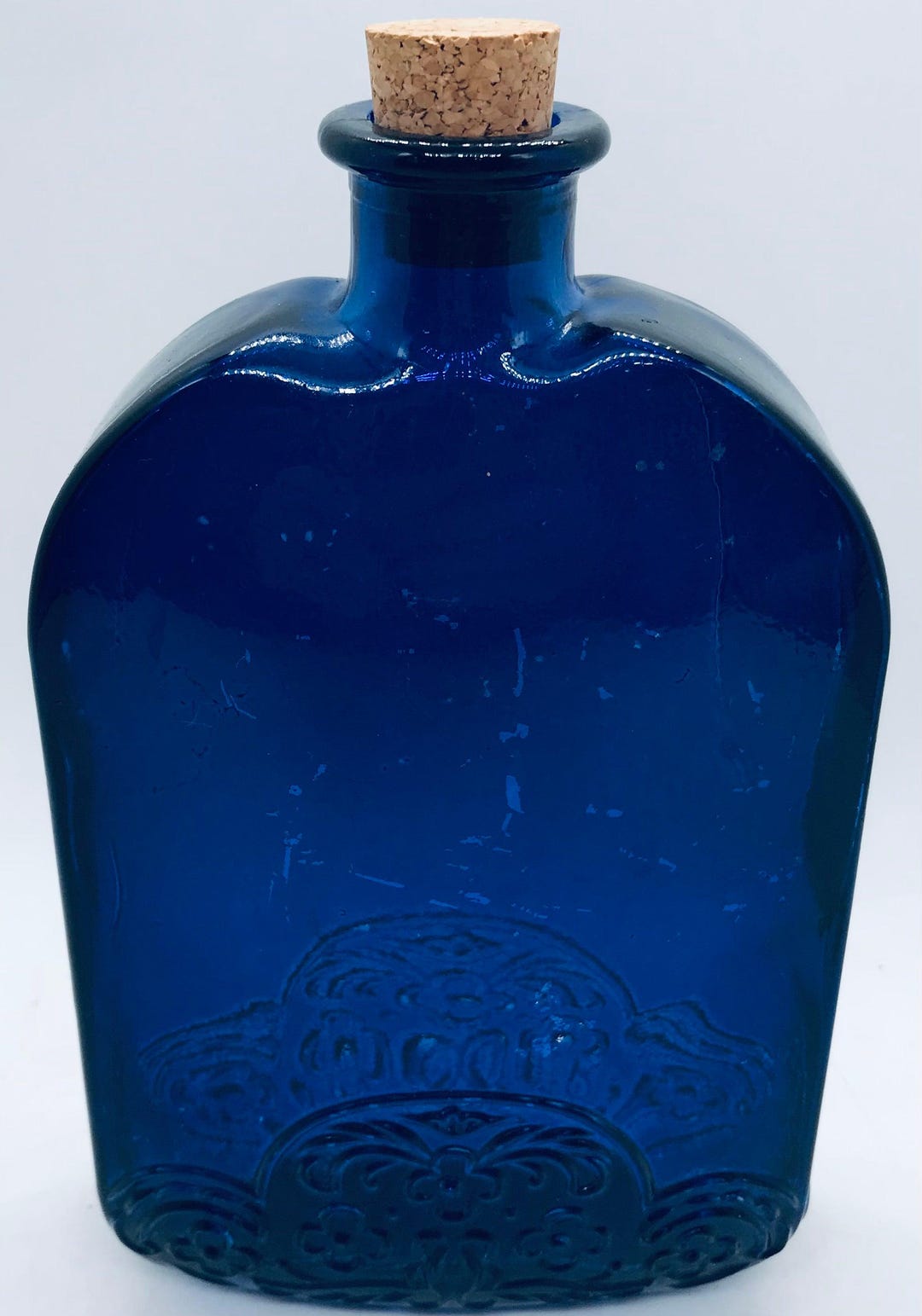 Vintage Cobalt Blue Jar W/ Raised Floral Accent & Cork Lid 7.5 X 4.25 ...