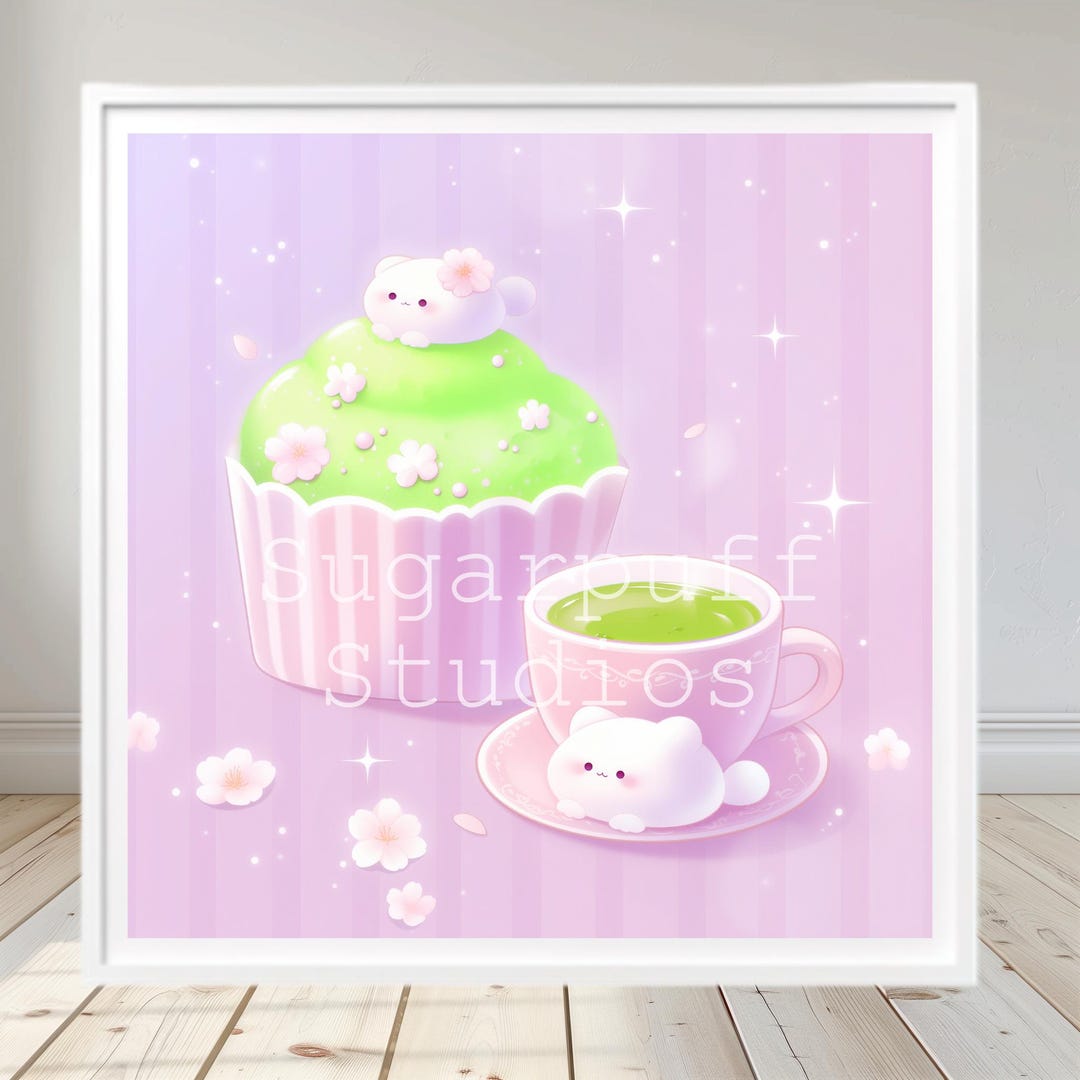 Printable Matcha Tea & Cupcake Art Print - Kawaii Illustration - Cute ...