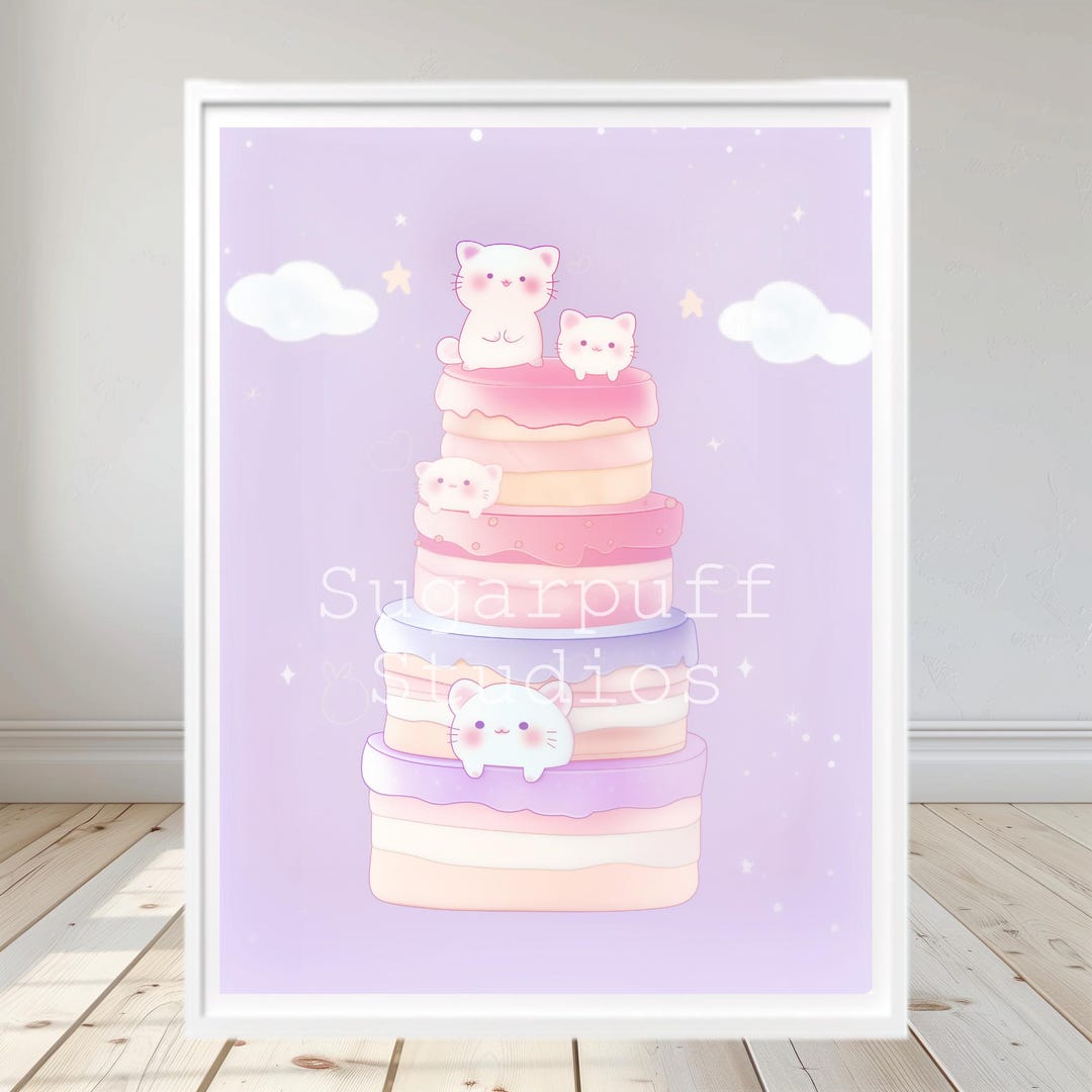 Printable Cats Cake Art Print - Whimsical Cat Illustration - Cute Wall ...