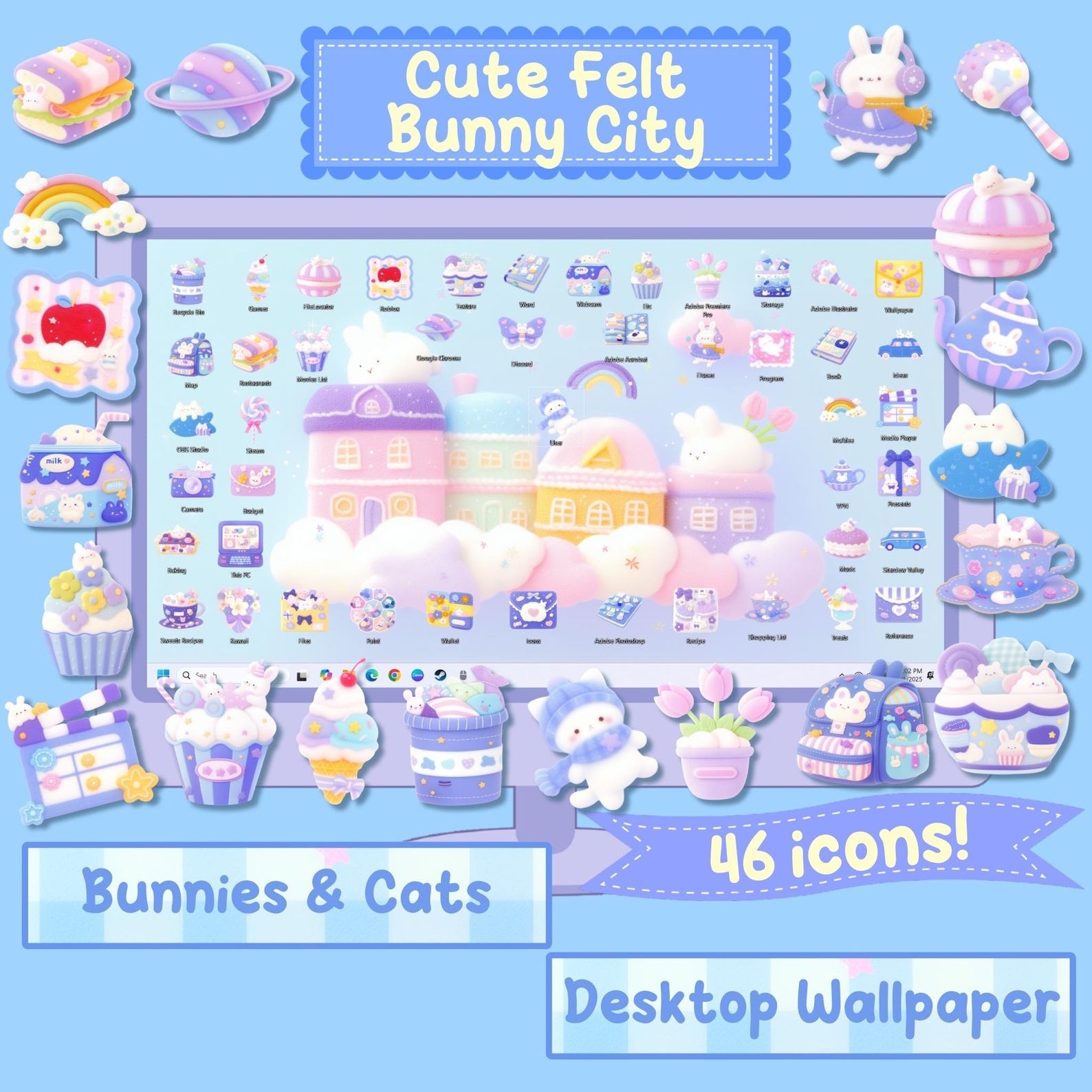 Cute Felt Bunny City Desktop Wallpaper Set - Lofi Background - Cute ...