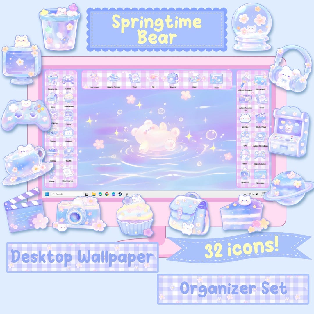Springtime Bear Desktop Wallpaper Set - Lofi Spring Backgrounds Cute ...