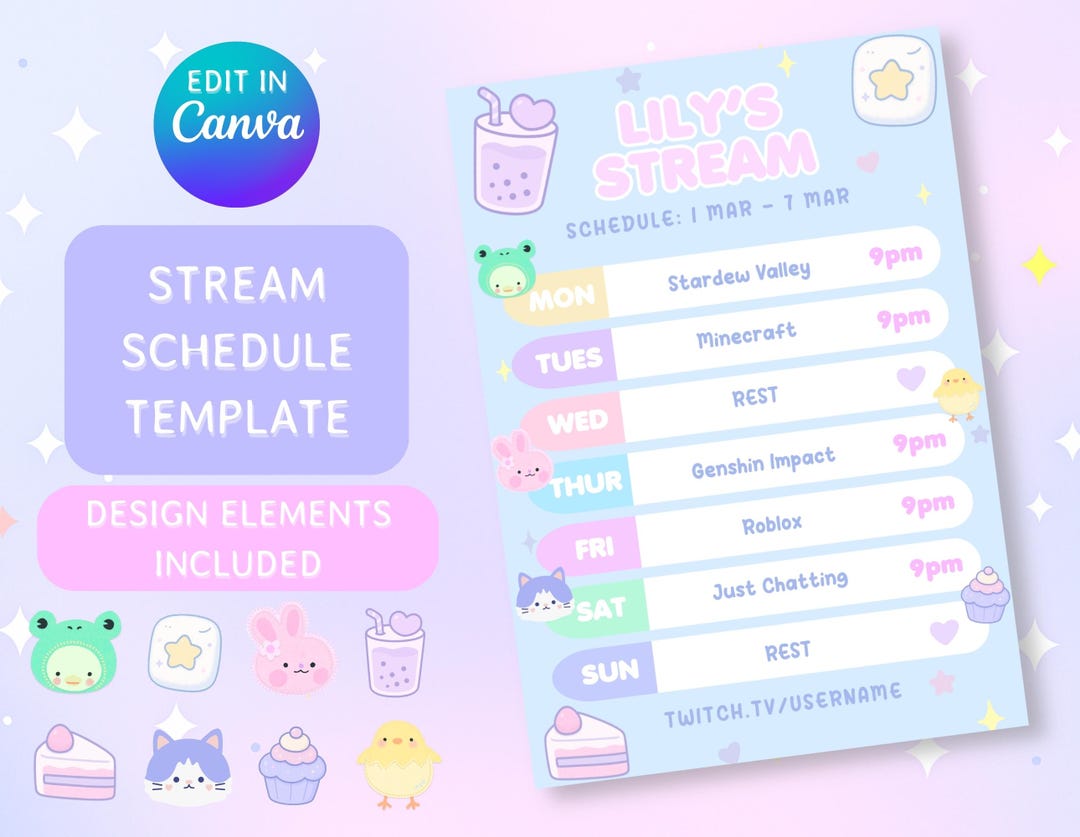 Cute Pastel Weekly Stream Schedule Template - Twitch Youtube Promo ...