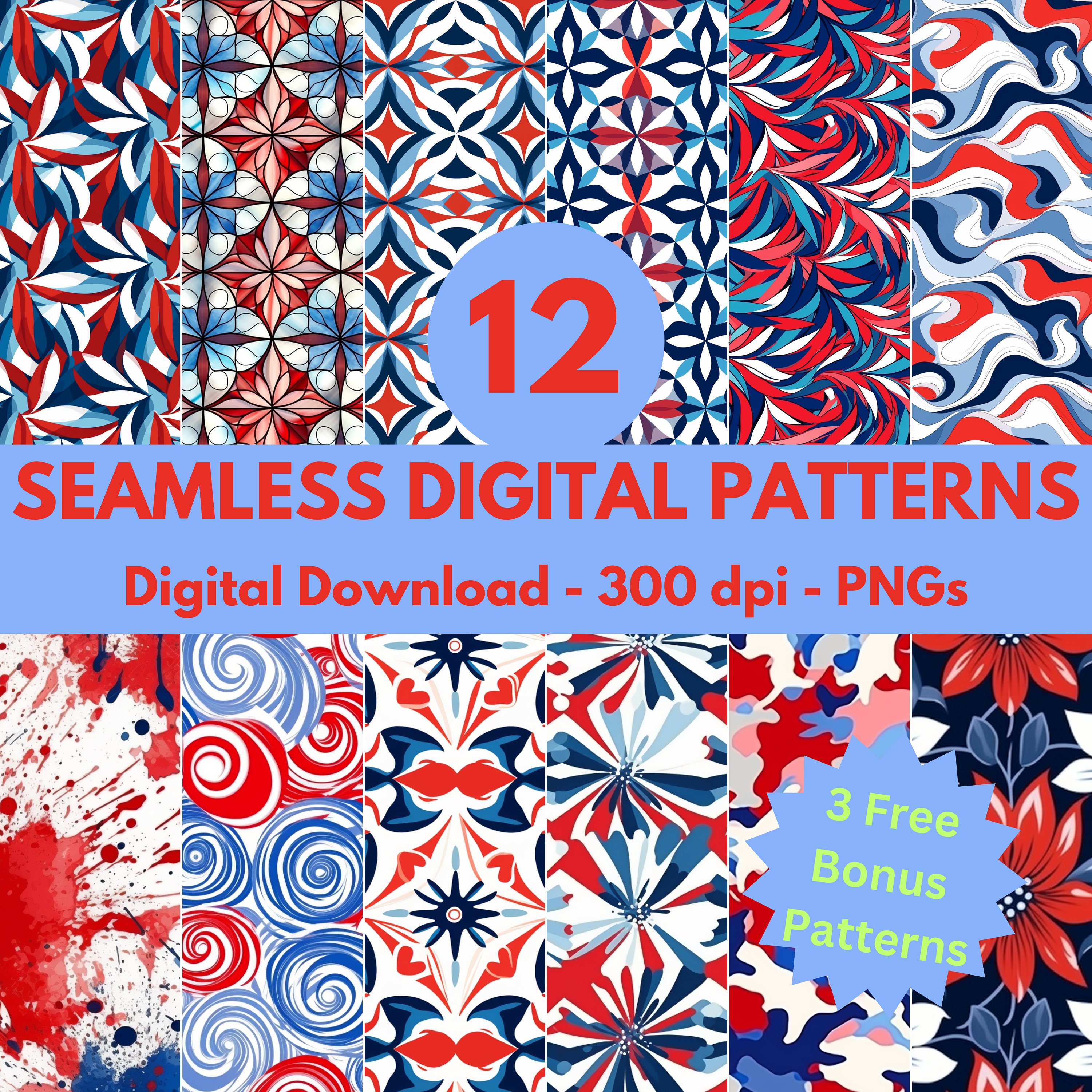 Seamless Patterns, Digital Paper, 4th of July, Red White and Blue ...