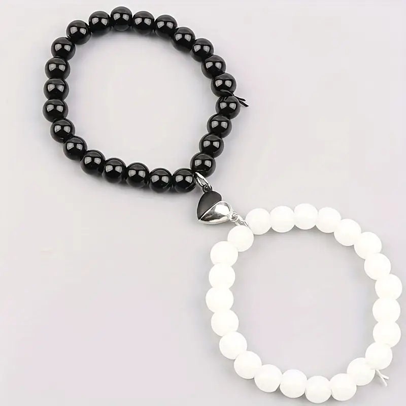 Love Heart Magnet Bracelet Set 2 Pcs White & Black Beads Adjustable ...