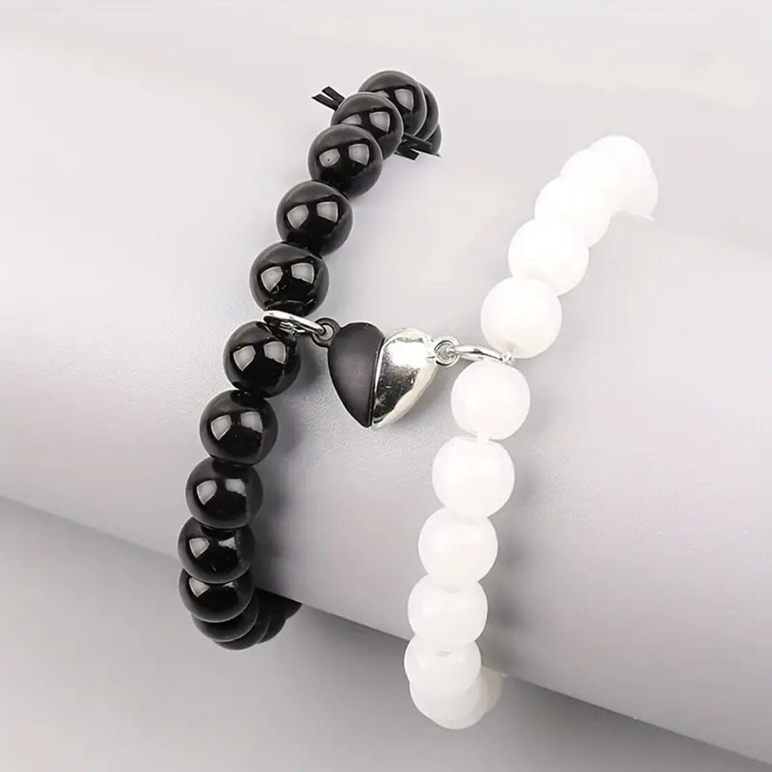 Love Heart Magnet Bracelet Set 2 Pcs White & Black Beads Adjustable ...