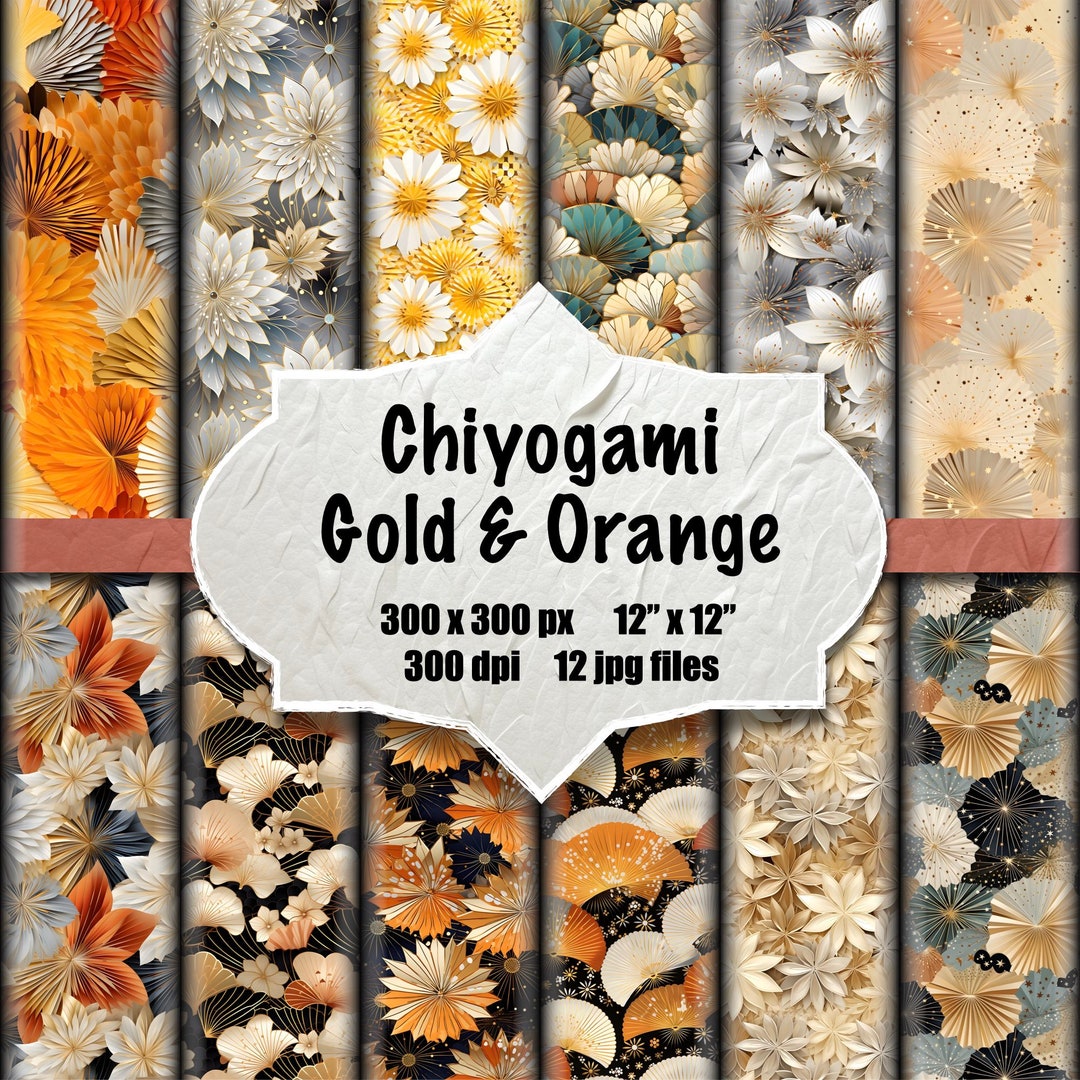 Chiyogami Pattern Gold and Orange, 12 Different Images, Digital Washi Paper, Origami Paper ...