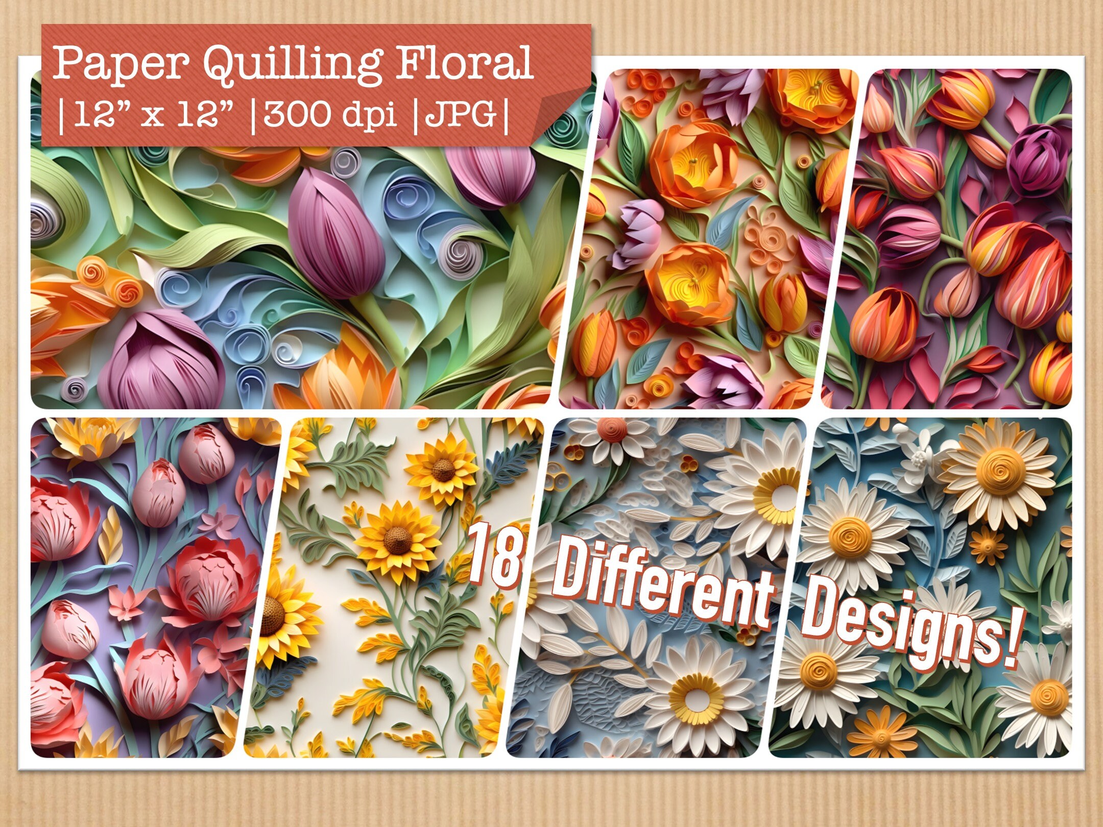 18 Paper Quilling Floral Background, Seamless Pattern, Instant Download ...