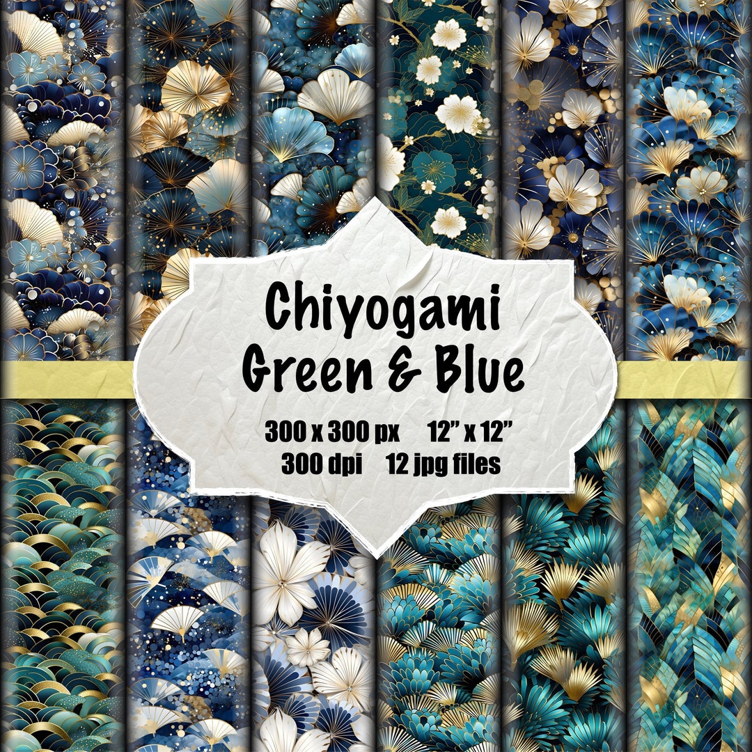 Chiyogami Pattern - Green and Blue, 12 Different Images, Digital Washi ...